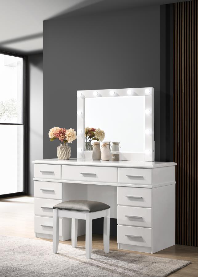 Felicity - Felicity 9-drawer Vanity Desk with Lighted Mirror Glossy Wh ...
